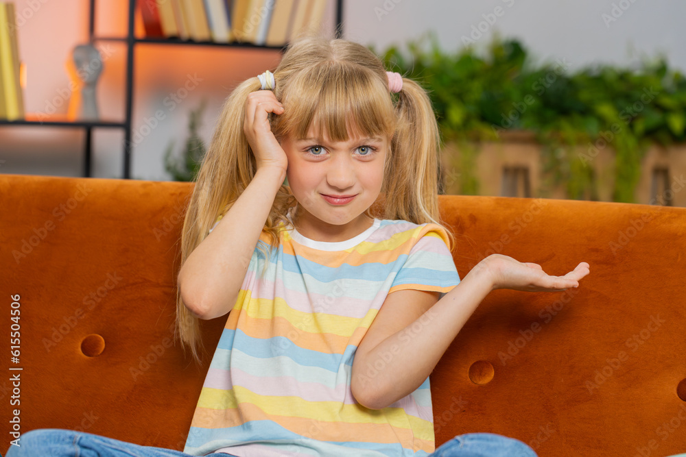 I dont know what to say. Confused Caucasian preteen school girl feeling ...