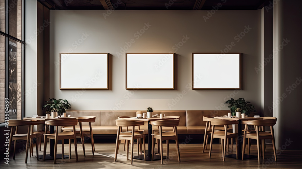 Modern scandinavian style cafe interior with three big picture frame ...
