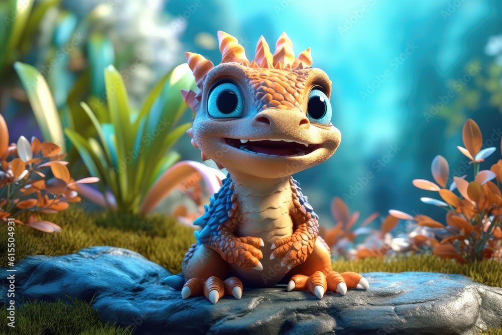 Cute Adorable Baby Dragon Lizard in 3D-Style Standing in Nature in ...