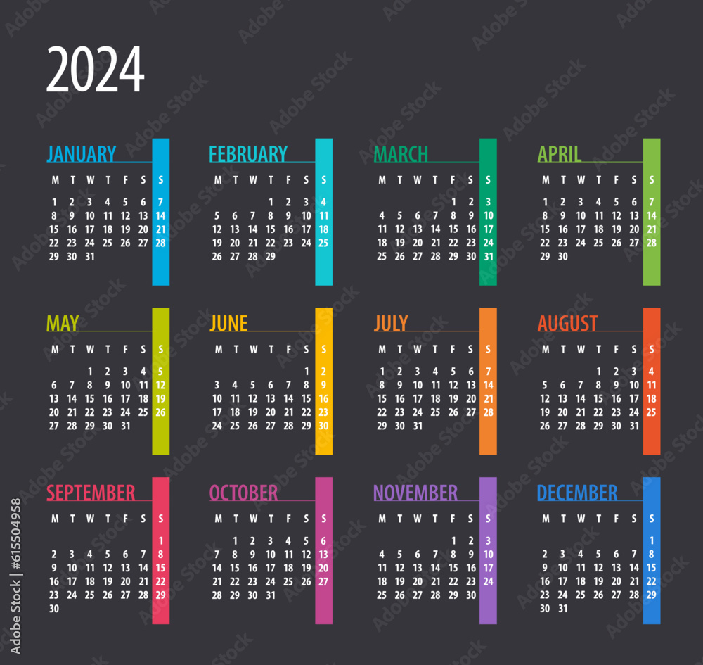 2024 Calendar - illustration. Template. Mock up. Week starts on Monday ...