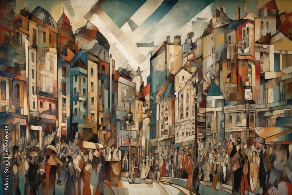 cubist painting of a busy city street, with different perspectives and ...
