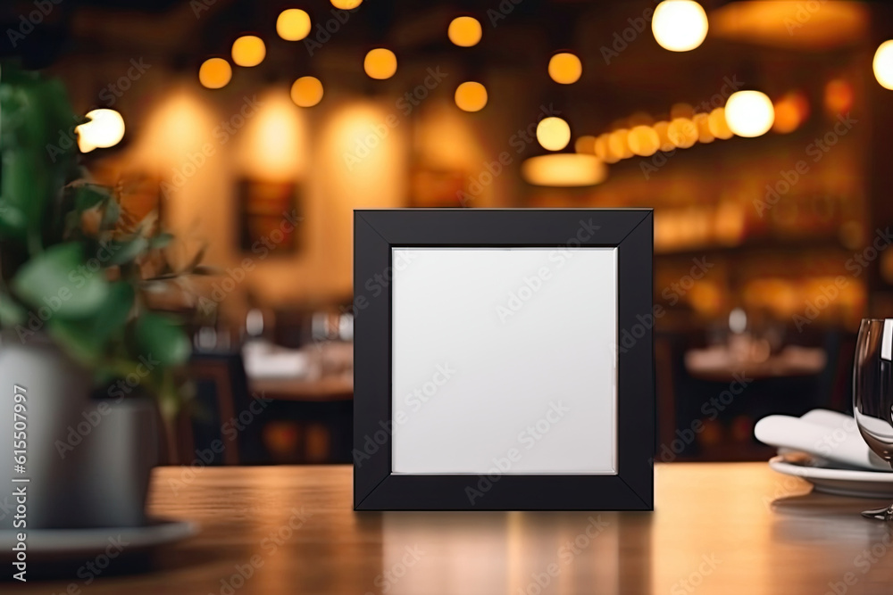 Small advertising board standing on cafe counter, blurred cafe interior ...