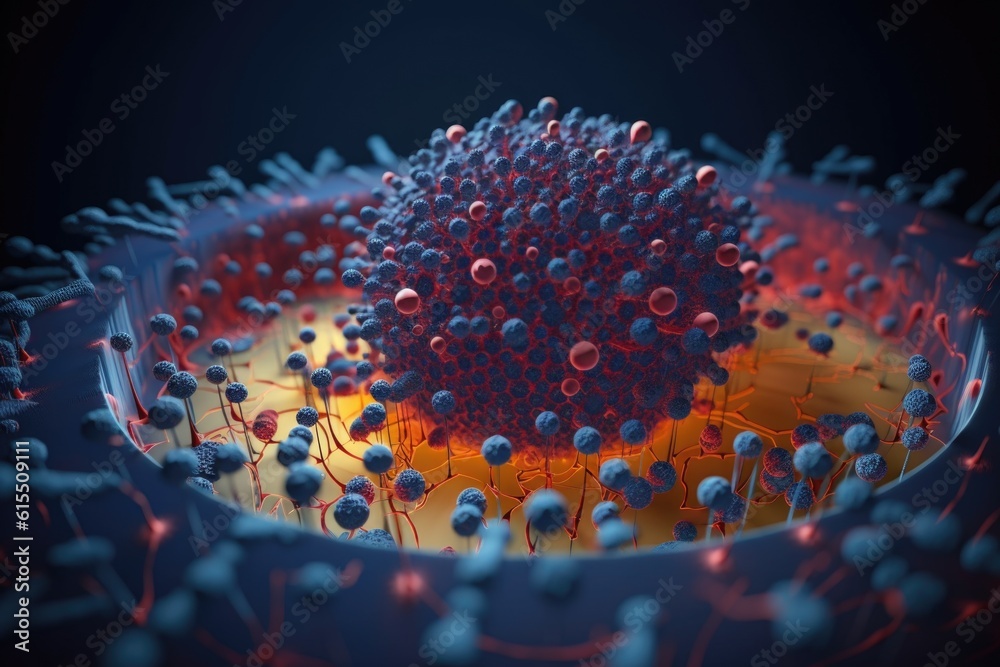 3d computer simulation of the inner workings of a cell, with molecules ...
