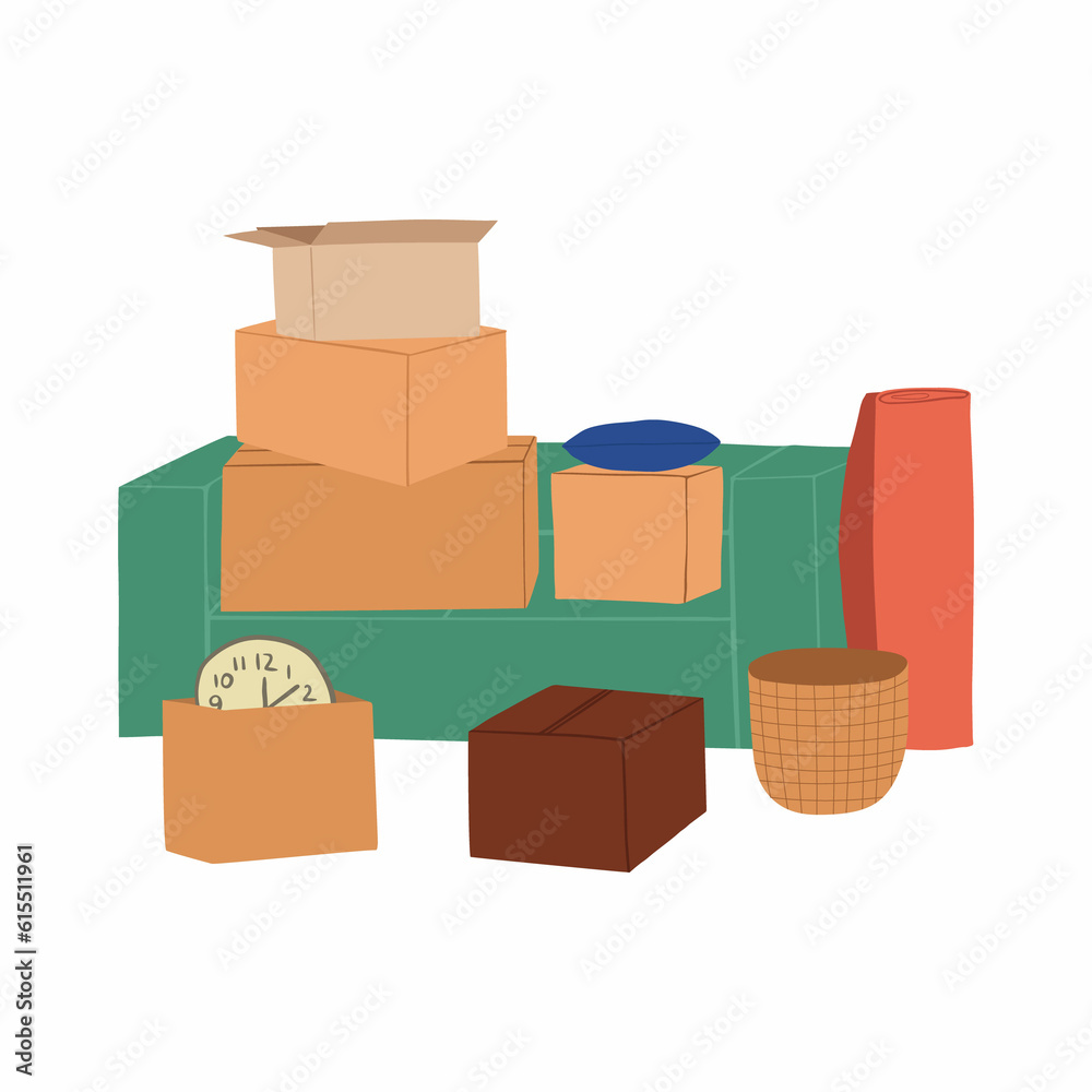 Web banner with cardboard boxes piles. Stuff packed in carton packages ...