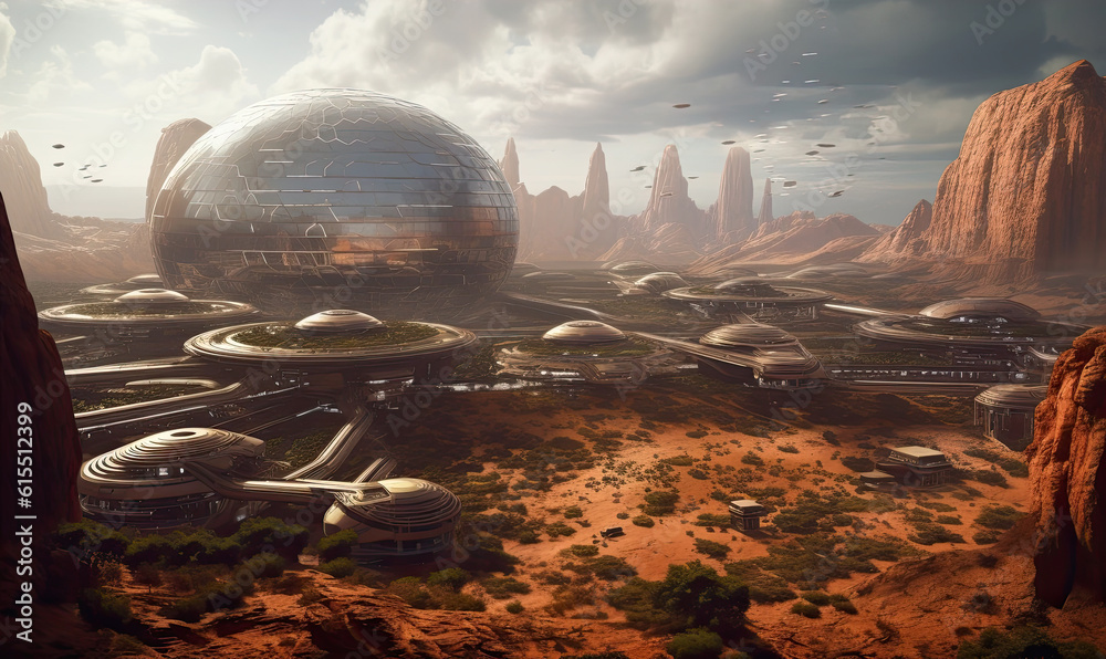 Generative AI illustration of futuristic city on planet with connected ...