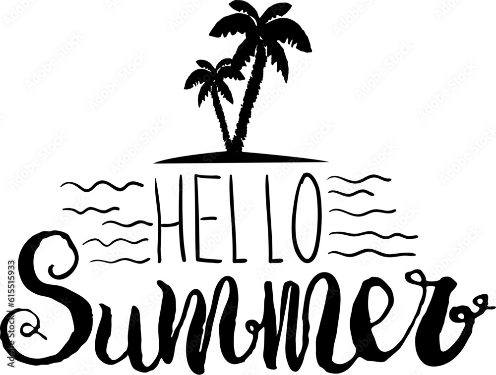 Hello summer. Hand drawn lettering. Sunrise with palms. Vector ...