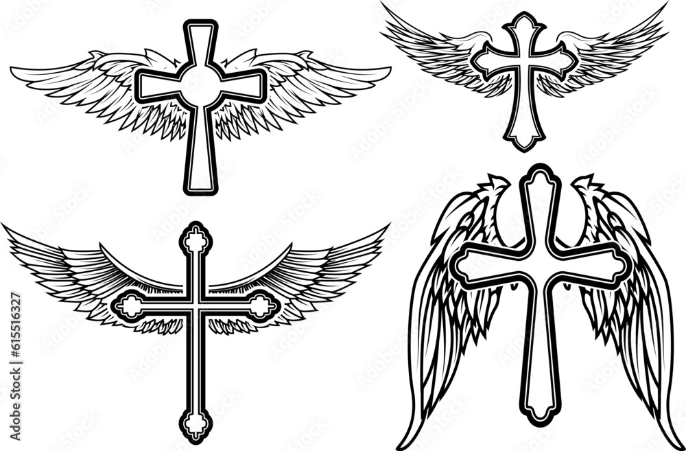 Set of the vector cross and wings. Tattoo design elements. Stock Vector ...