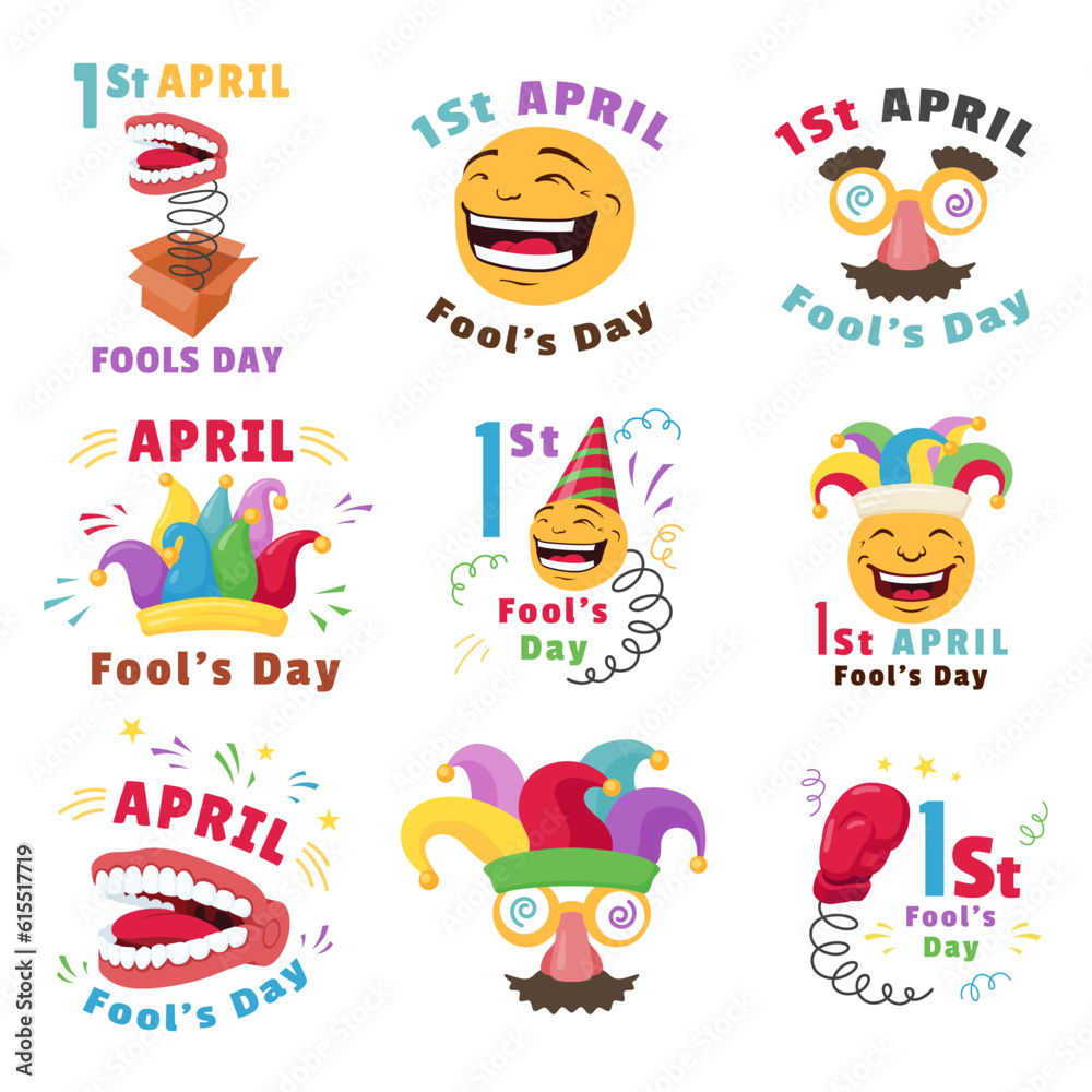 Vetor de April Fools Day emblems funny clowns comic characters humor ...