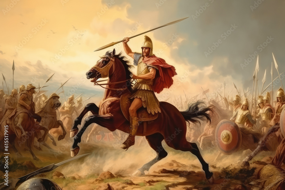 Illustration of Alexander the Great riding horseback, wielding a sword ...