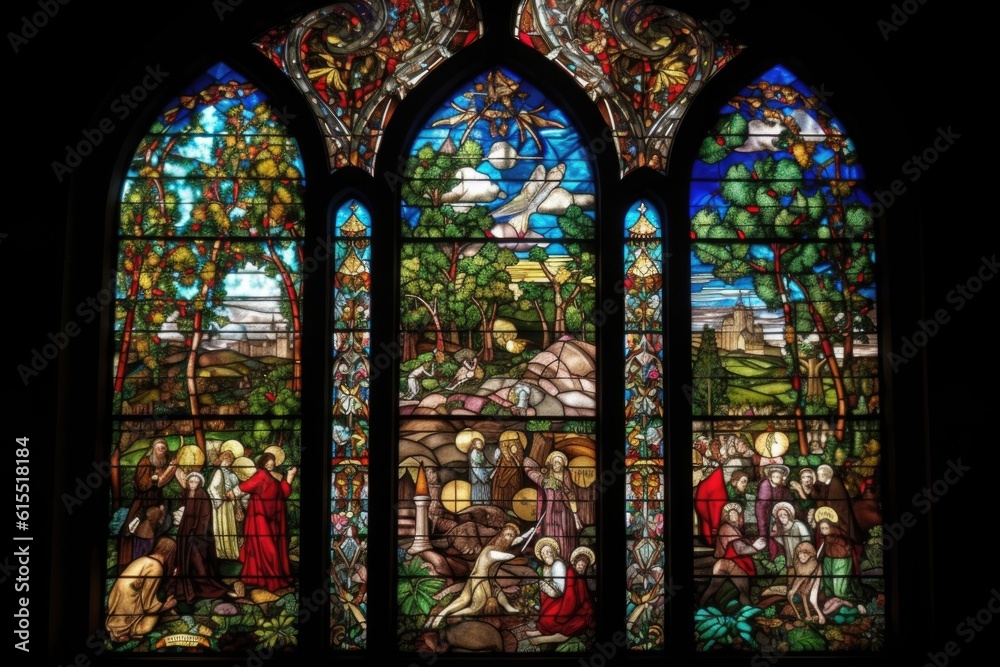 stained glass window depicting biblical story, with scenes of creation ...