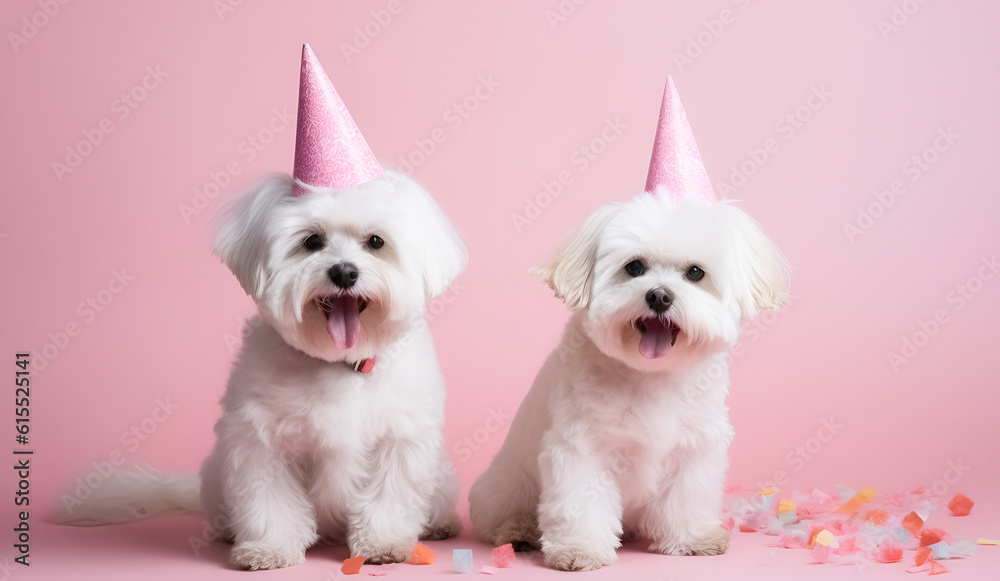 Two cute white Maltese puppies in birthday cap celebrating a birthday ...