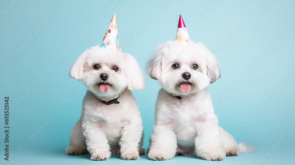 Two cute white Maltese puppies in birthday cap celebrating a birthday ...