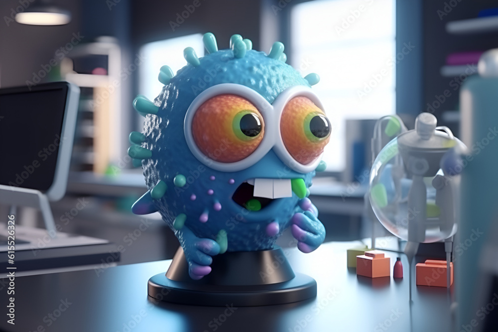 Generative ai pixar 3d cartoon personage virus on white and laboratory ...