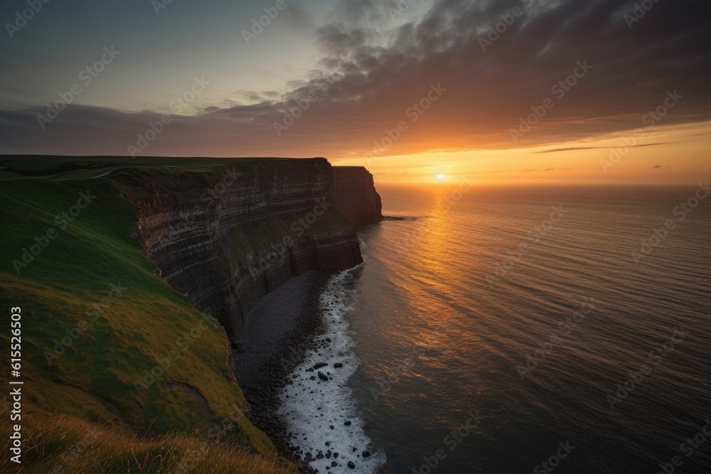 coastal cliff with scenic sunset, the sun setting behind the horizon ...