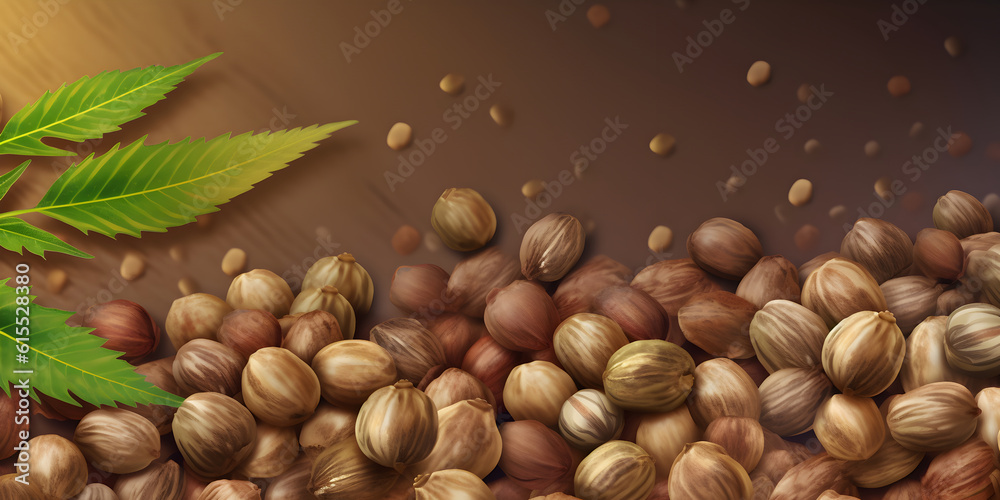 Cannabis seeds with cannabis plant isolated on light brown background ...