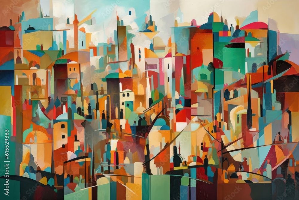 cubist painting of a vibrant cityscape, with buildings and people ...