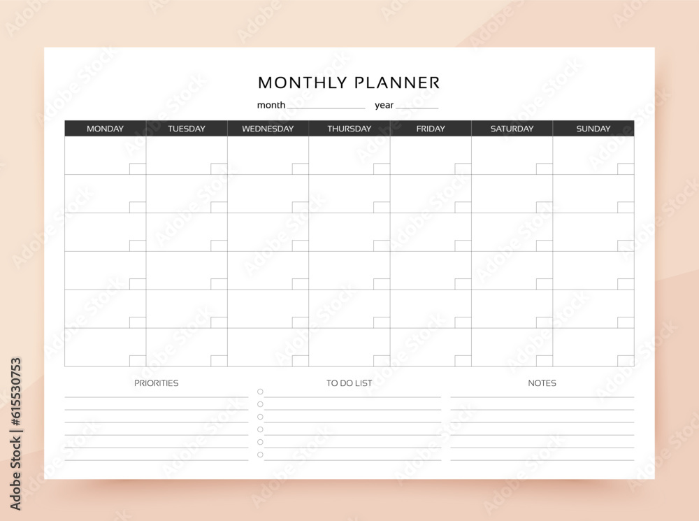 Monthly planner. Schedule for month with to do list, notes and ...