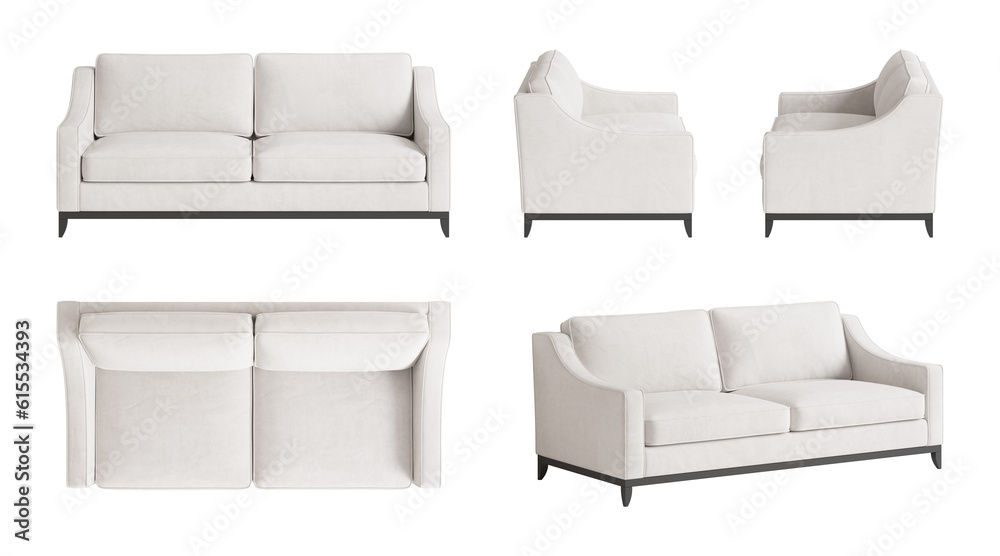 Set of five views of elegant modern classic three-seater sofa with an ...
