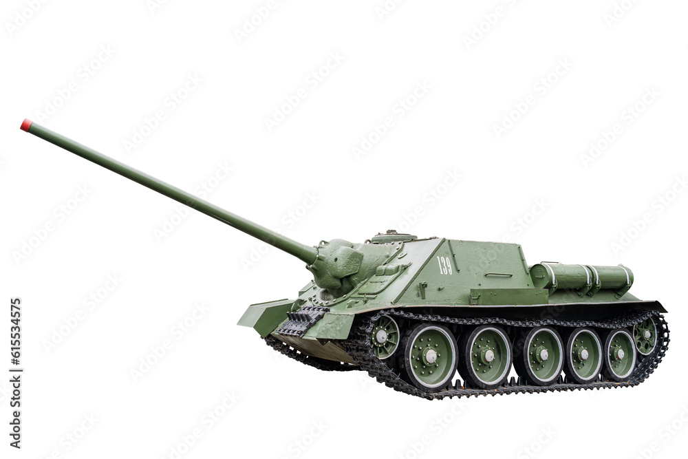 Military green self-propelled artillery mount tank on tracks with a ...