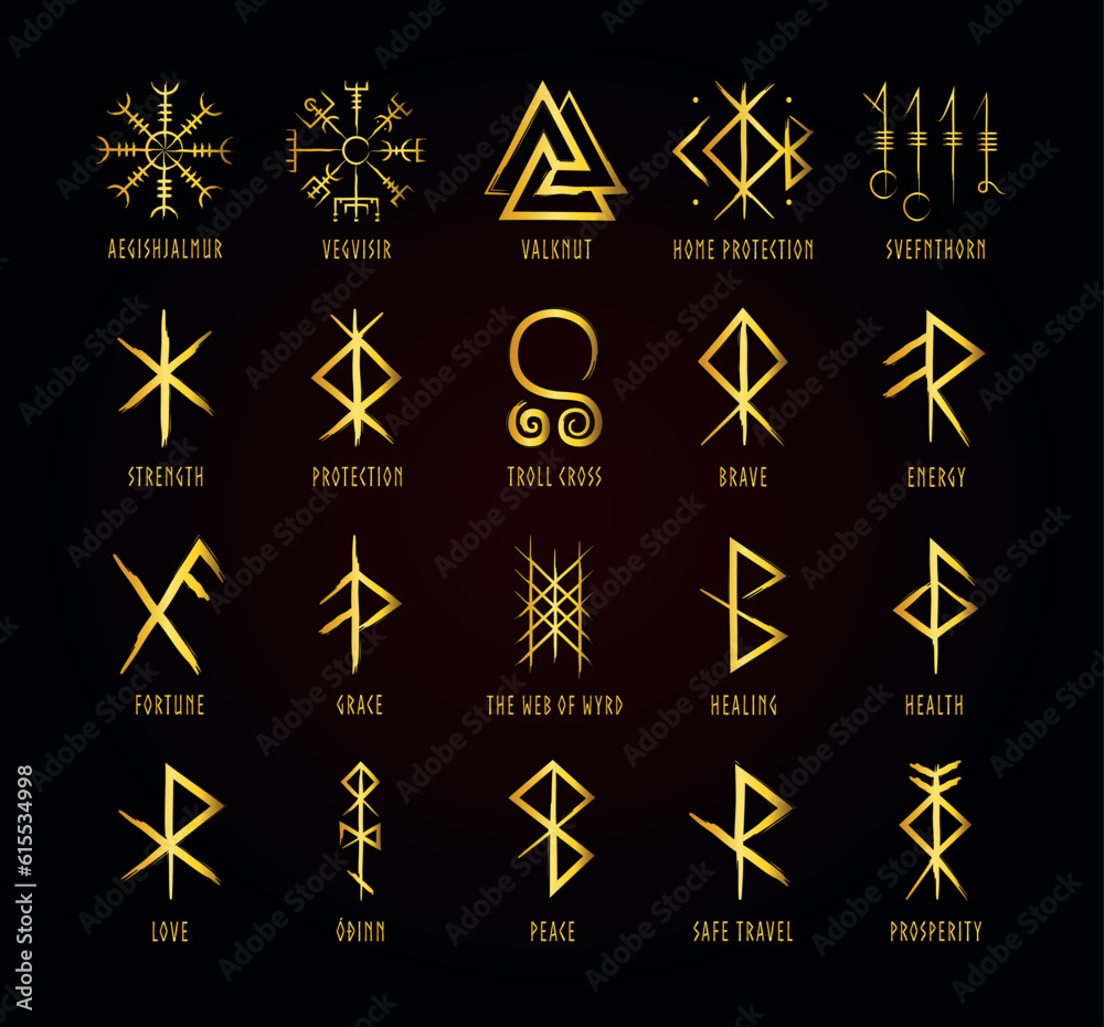 Full editable collection of norse symbols with meanings like protection, love, healing, safe ...