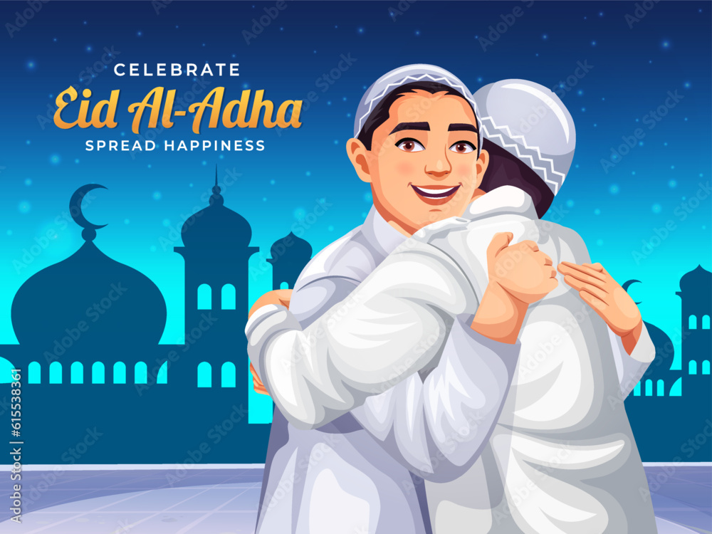 Eid Mubarak Design Background. Muslim boy hugging and wishing each ...