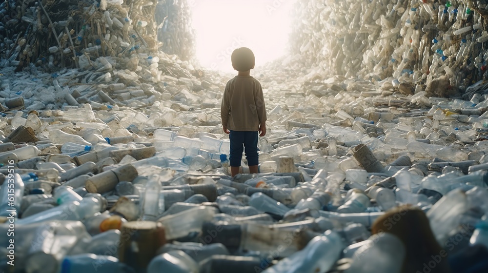 Sad future lonely child stands among the rubble of plastic bottles ...