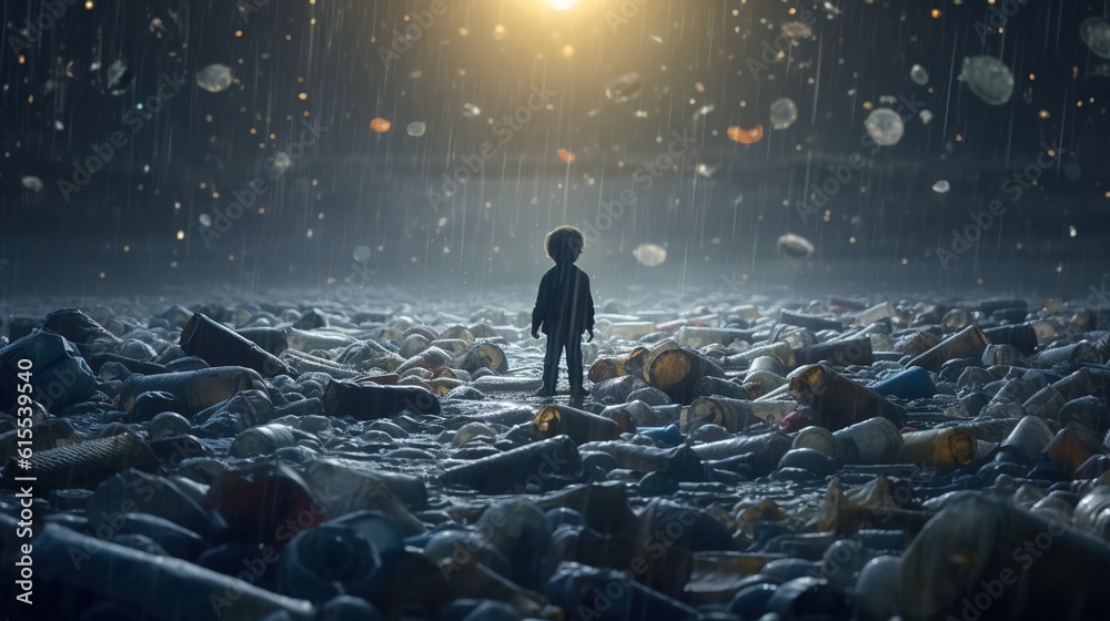 Sad future lonely child stands among the rubble of plastic bottles ...