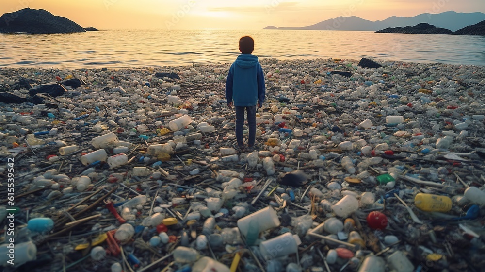 Sad future lonely child stands among the rubble of plastic bottles ...