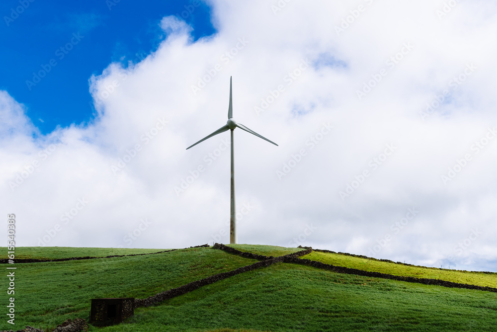 Panoramic view of wind farm or wind park, with high wind turbines for ...