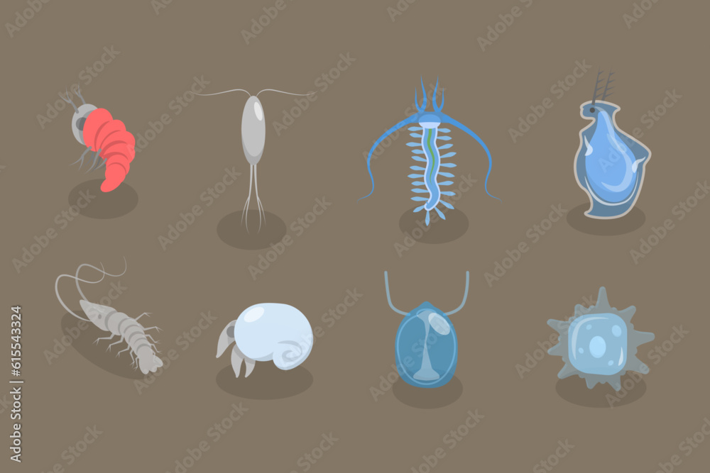 3D Isometric Flat Vector Set of Varieties Of Plankton, Collection of ...