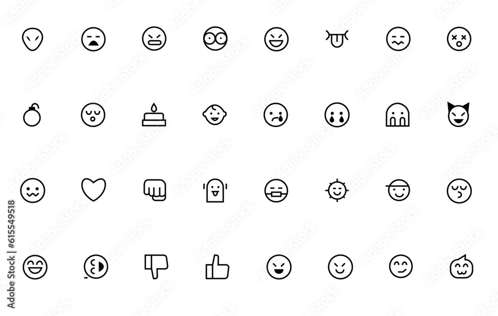Emojis in outline. Emoji faces with different emotions, vector icon set ...
