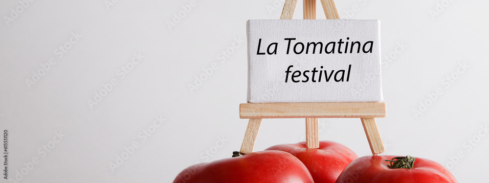 La Tomatina festival written on white board with red tomato on white ...