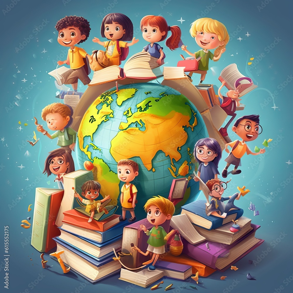 Group of happy children reading books around globe. Vector illustration ...
