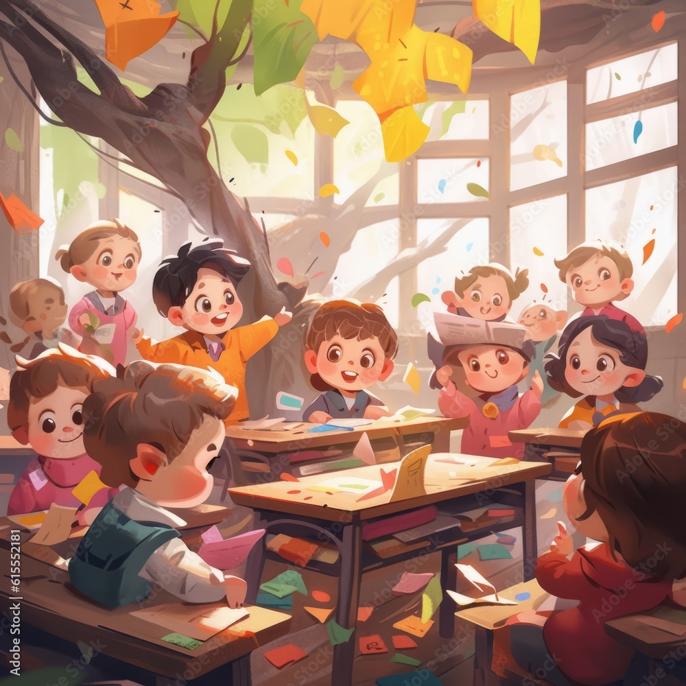 Picture of a group of schoolchildren working together in classroom ...