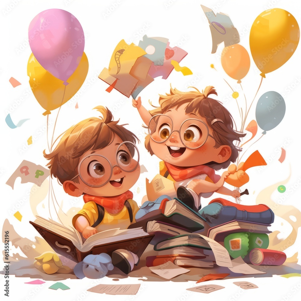 Two boys reading books and having fun together. Vector cartoon ...