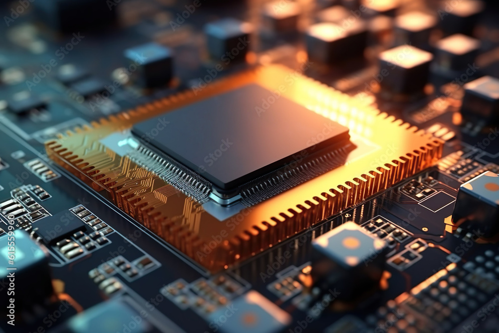 a modern microchip in a computer on a motherboard, futuristic concept ...