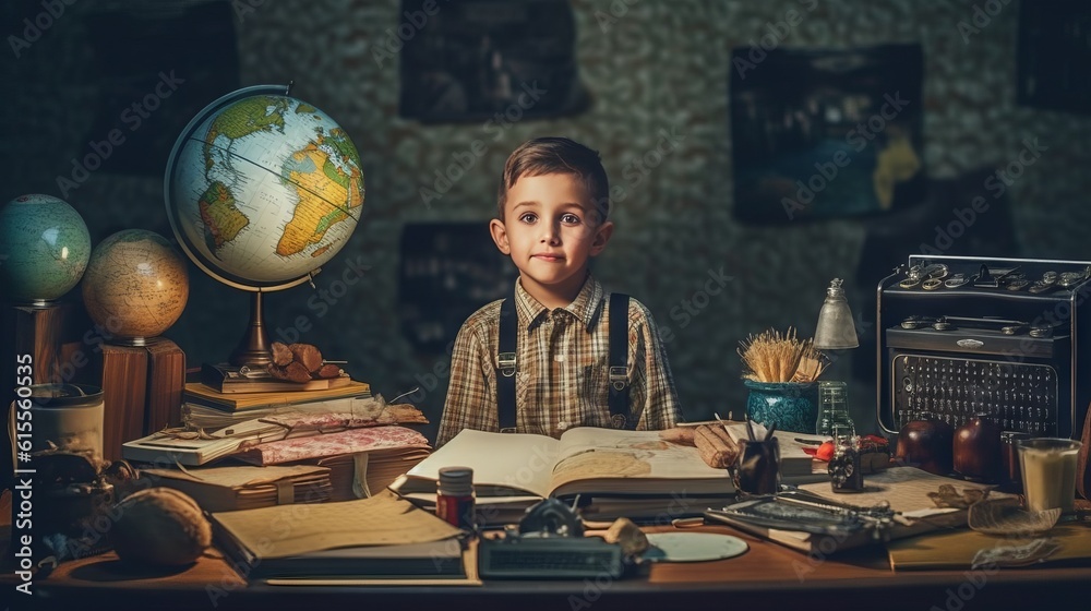 Portrait of serious schoolboy sitting at a desk with books and globe ...
