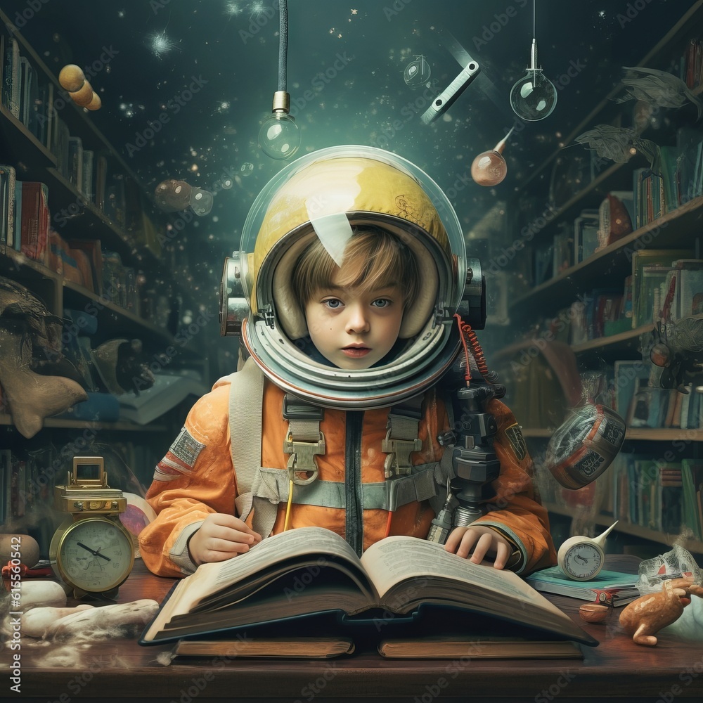 Little boy in astronaut suit and helmet reading book in the library ...