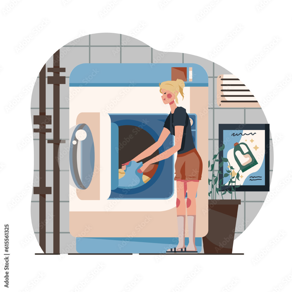Woman standing near dryer and picks up washed clothes. Washing process ...