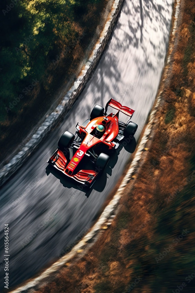 Formula 1 car in motion from a unique perspective - from above. The car ...