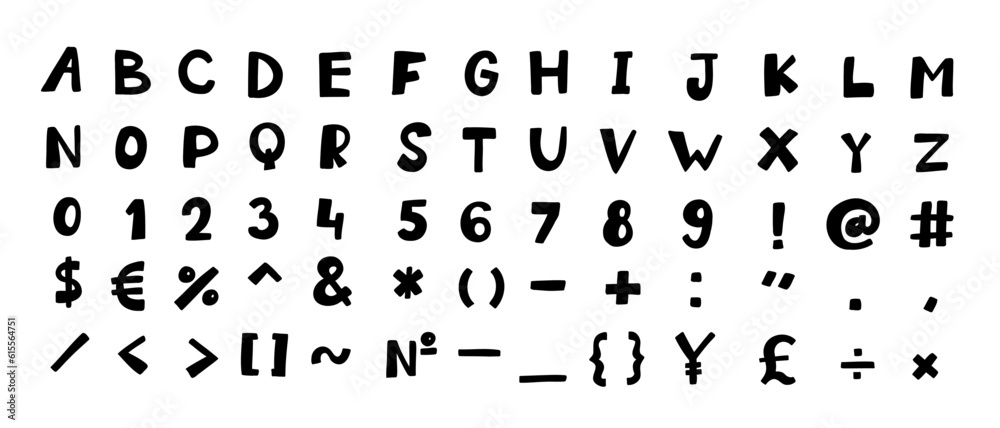 Scribble black english latin abc alphabet font with digits and symbols ...