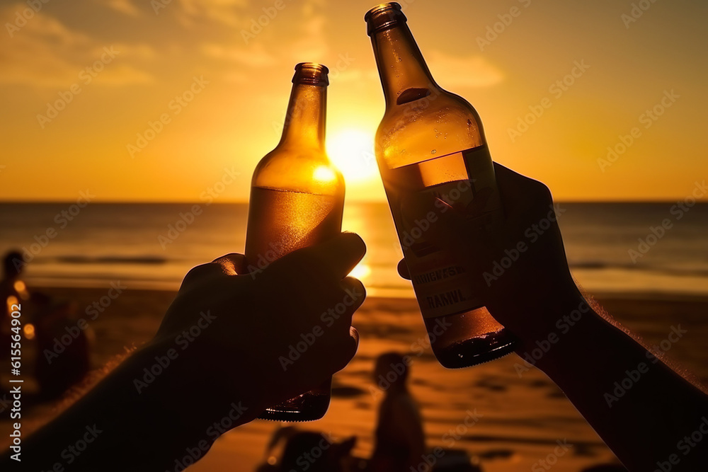 silhouette of a person holding a bottle of beer, Sunset Cheers: A Photo ...