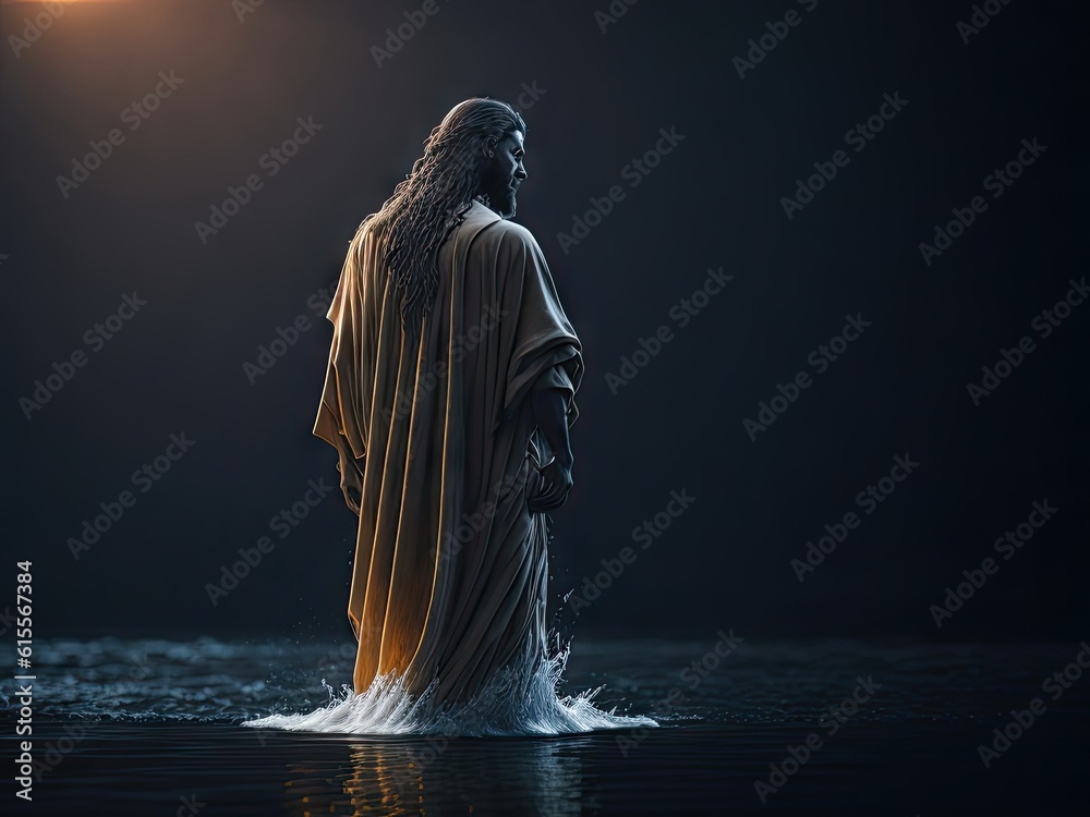Image of Jesus Christ back view walks on the water. ai generative ...