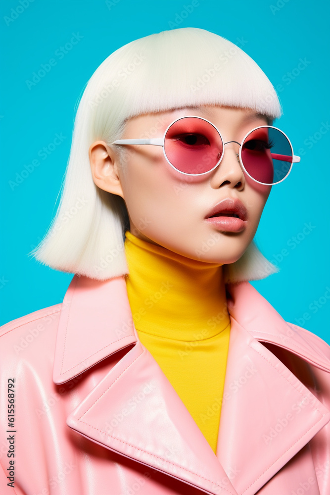 60s fashion, bold pop art, photo shoot style, of beautiful albino asian ...