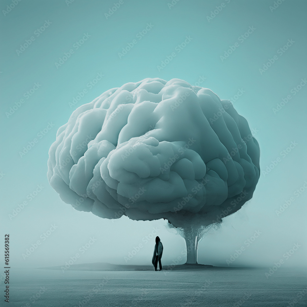 Huge dark cloud over a man, depression, migraine and negative thoughts ...