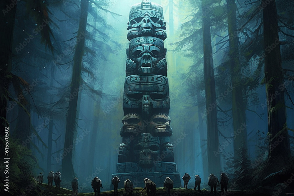 Totem bearing the symbols of forgotten legends, evoking a dark magic ...