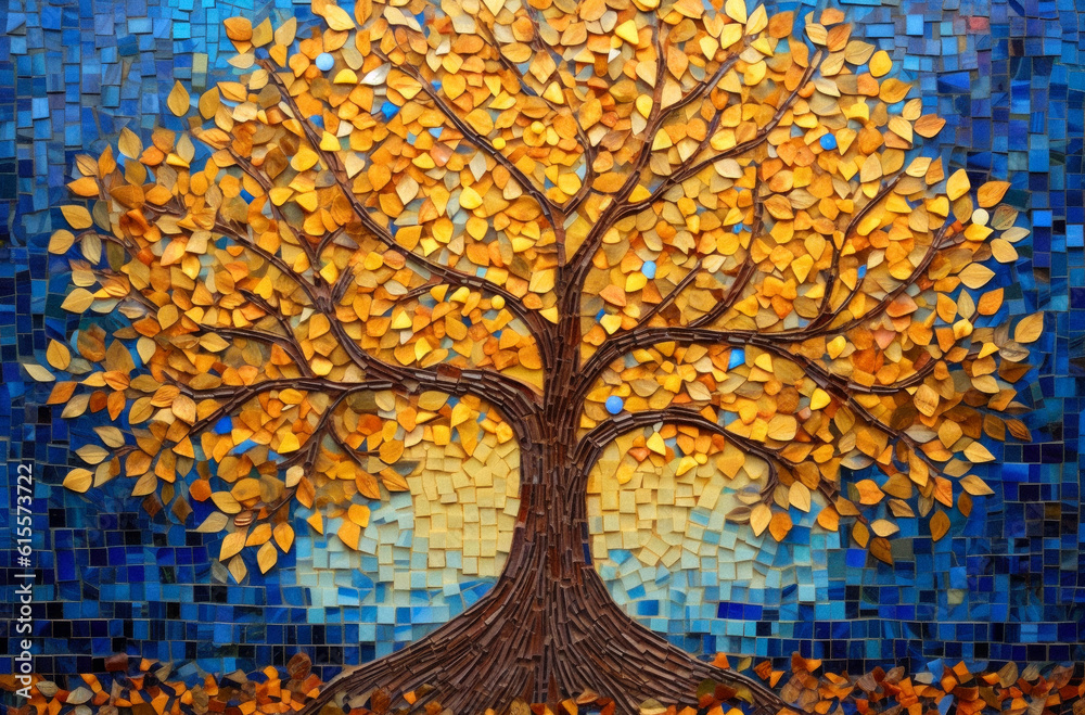 Golden mosaic tree of life artwork . Mosaic tiles pattern of golden ...