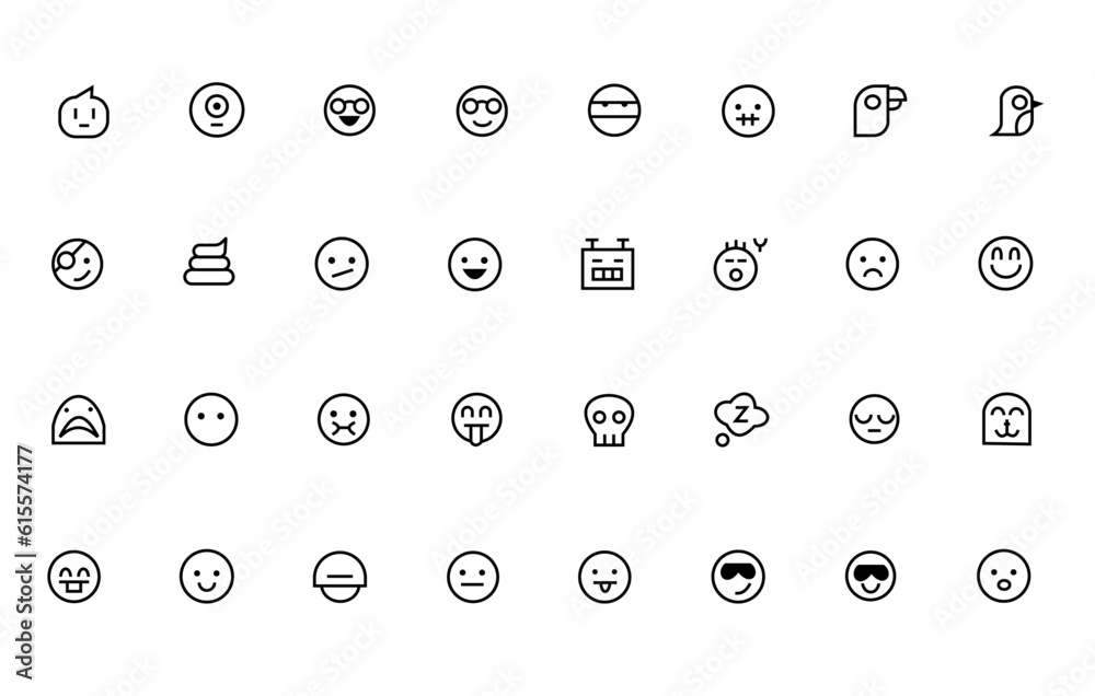 Emojis in outline. Emoji faces with different emotions, vector icon set ...