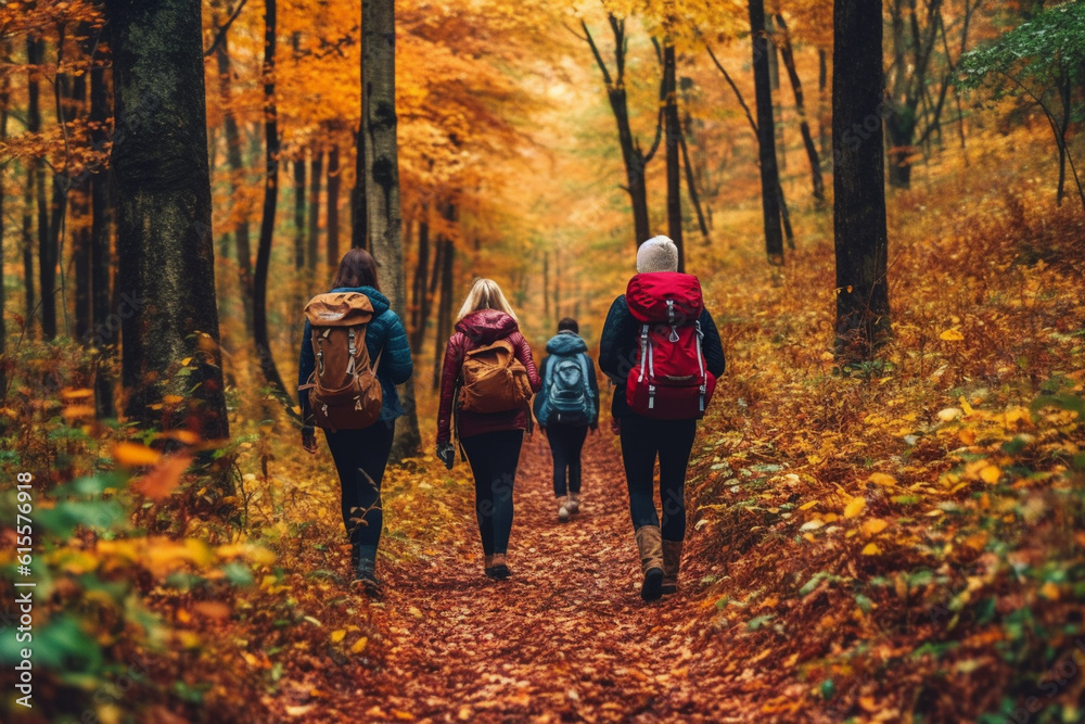 Couple with backpacks walking on path in autumn season forest Stock ...