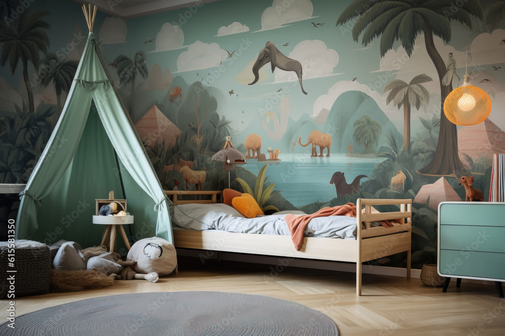 Creative and bright eco design of a children's room. Bright fantasy ...